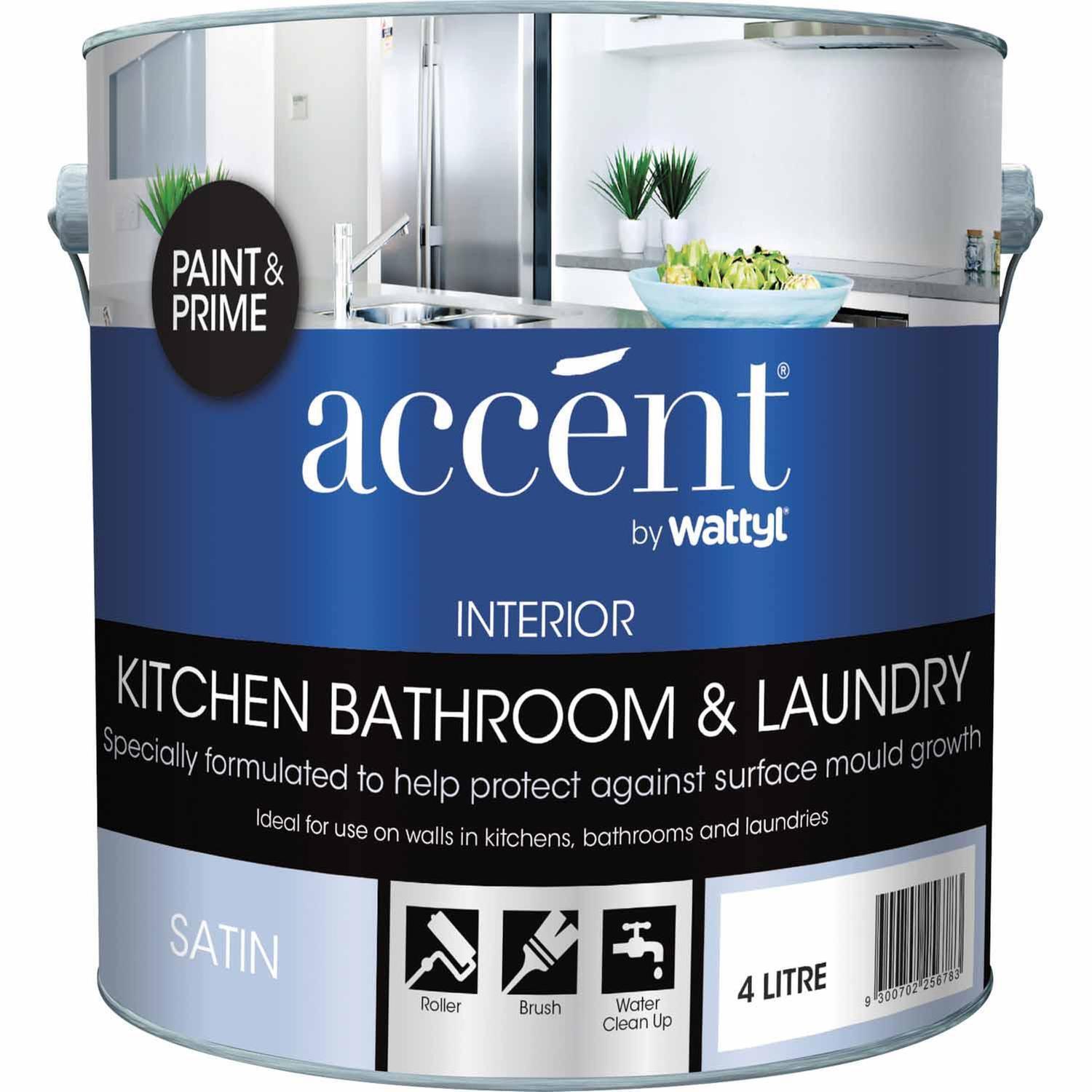 Accent | Satin Kitchen Bath & Laundry Paint & Prime 4L White Base | Mitre10