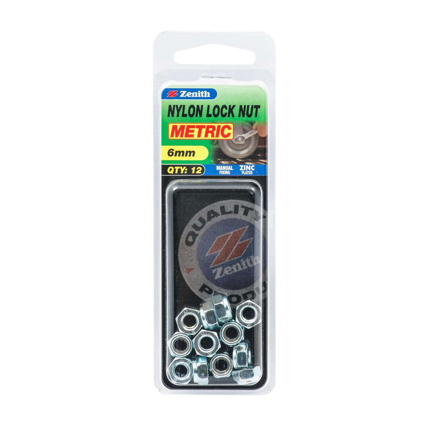 Zenith | Nylon Lock Nut M6, pack of 12 Zinc Plated | Mitre10