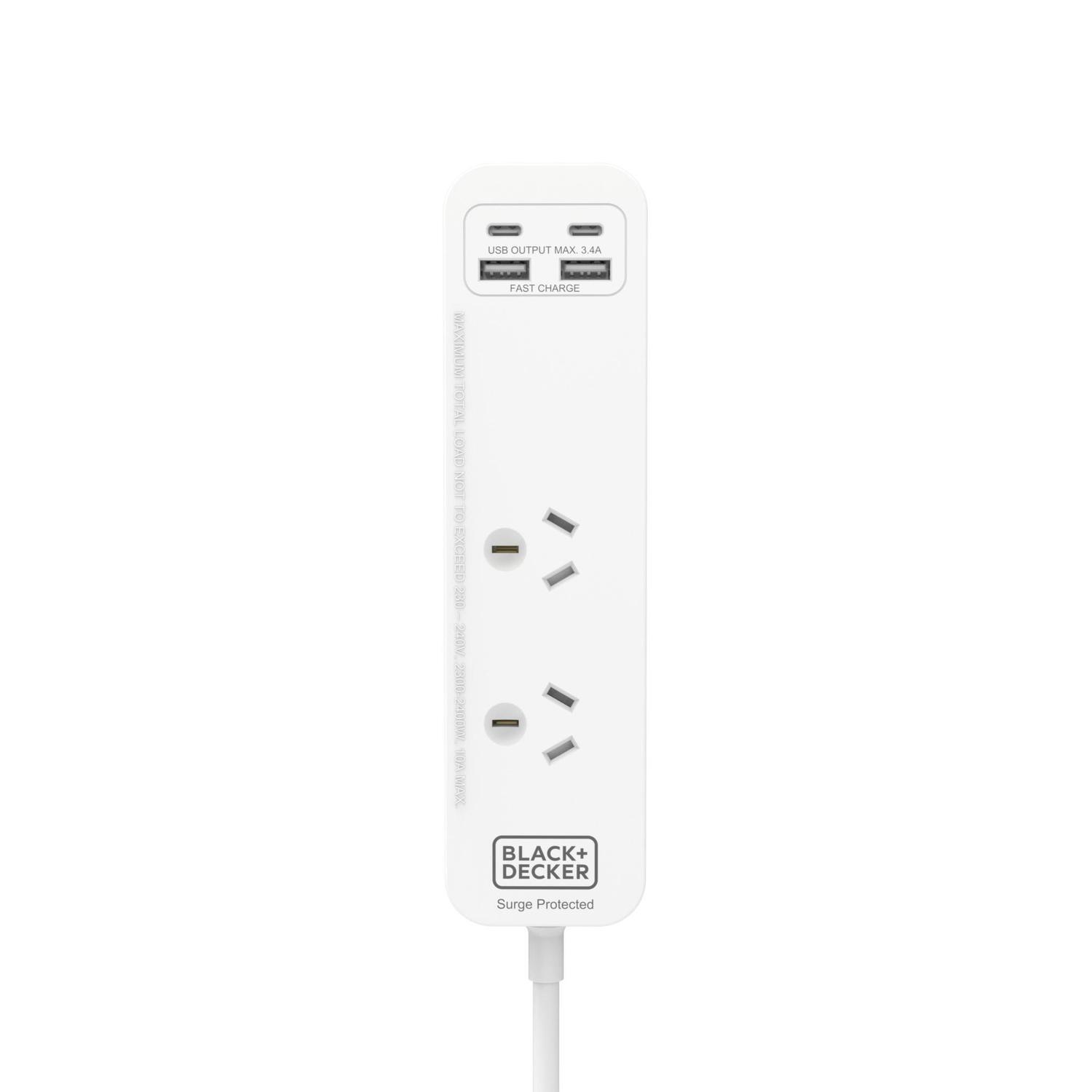 Black+Decker | Power board Compact 2 Outlet with USB-A and C White ...